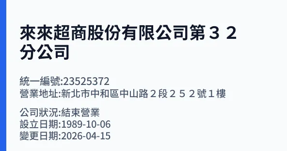 來來超商股份有限公司第３２分公司的照片-統編 23525372(新北市) 公司登記資料與營業項目詳細圖表