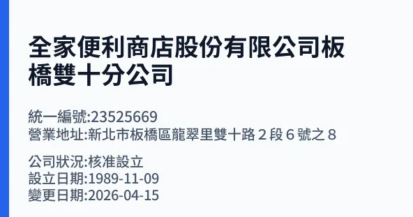 全家便利商店股份有限公司板橋雙十分公司的照片-統編 23525669(新北市) 公司登記資料與營業項目詳細圖表