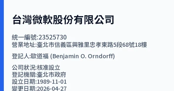 台灣微軟股份有限公司的照片-統編 23525730(臺北市) 公司登記資料與營業項目詳細圖表