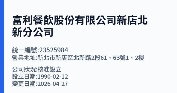 富利餐飲股份有限公司新店北新分公司的照片-統編 23525984(新北市) 公司登記資料與營業項目詳細圖表