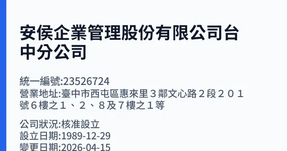 安侯企業管理股份有限公司台中分公司的照片-統編 23526724(臺中市) 公司登記資料與營業項目詳細圖表