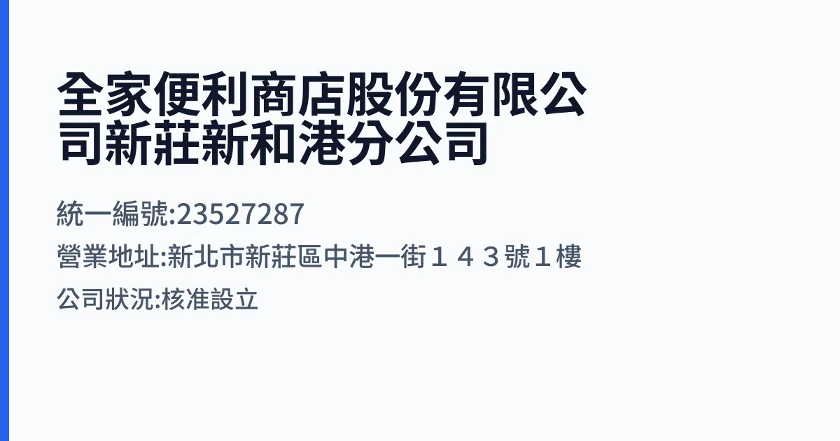 全家便利商店股份有限公司新莊新和港分公司 - 統編 23527287(新北市) 公司登記資料與營業項目詳細圖表