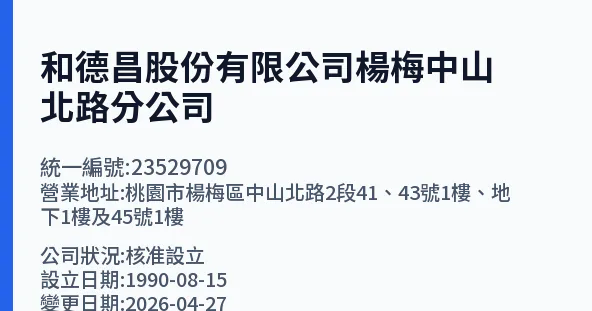和德昌股份有限公司楊梅中山北路分公司的照片-統編 23529709(桃園市) 公司登記資料與營業項目詳細圖表