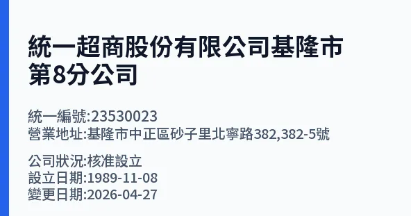 統一超商股份有限公司基隆市第8分公司的照片-統編 23530023(基隆市) 公司登記資料與營業項目詳細圖表