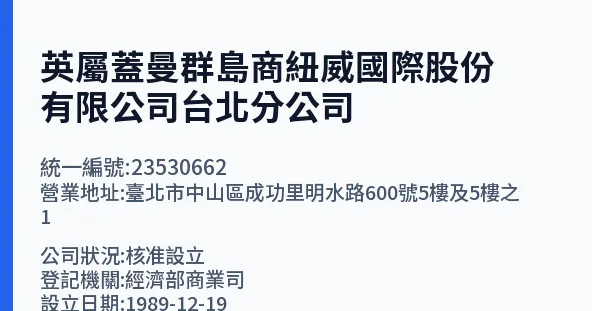 英屬蓋曼群島商紐威國際股份有限公司台北分公司的照片-統編 23530662(臺北市) 公司登記資料與營業項目詳細圖表