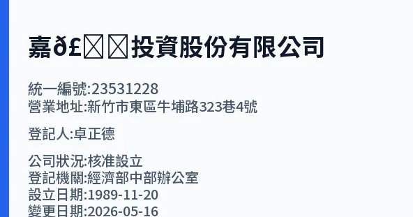 嘉𣇓投資股份有限公司的照片-統編 23531228(新竹市) 公司登記資料與營業項目詳細圖表