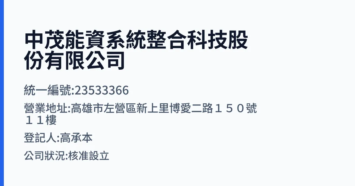 中茂能資系統整合科技股份有限公司 - 統編 23533366(臺北市) 公司登記資料與營業項目詳細圖表