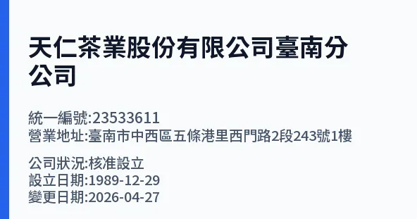 天仁茶業股份有限公司臺南分公司的照片-統編 23533611(臺南市) 公司登記資料與營業項目詳細圖表
