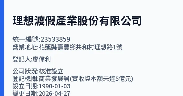 理想渡假產業股份有限公司的照片-統編 23533859(花蓮縣) 公司登記資料與營業項目詳細圖表