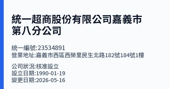 統一超商股份有限公司嘉義市第八分公司的照片-統編 23534891(嘉義市) 公司登記資料與營業項目詳細圖表