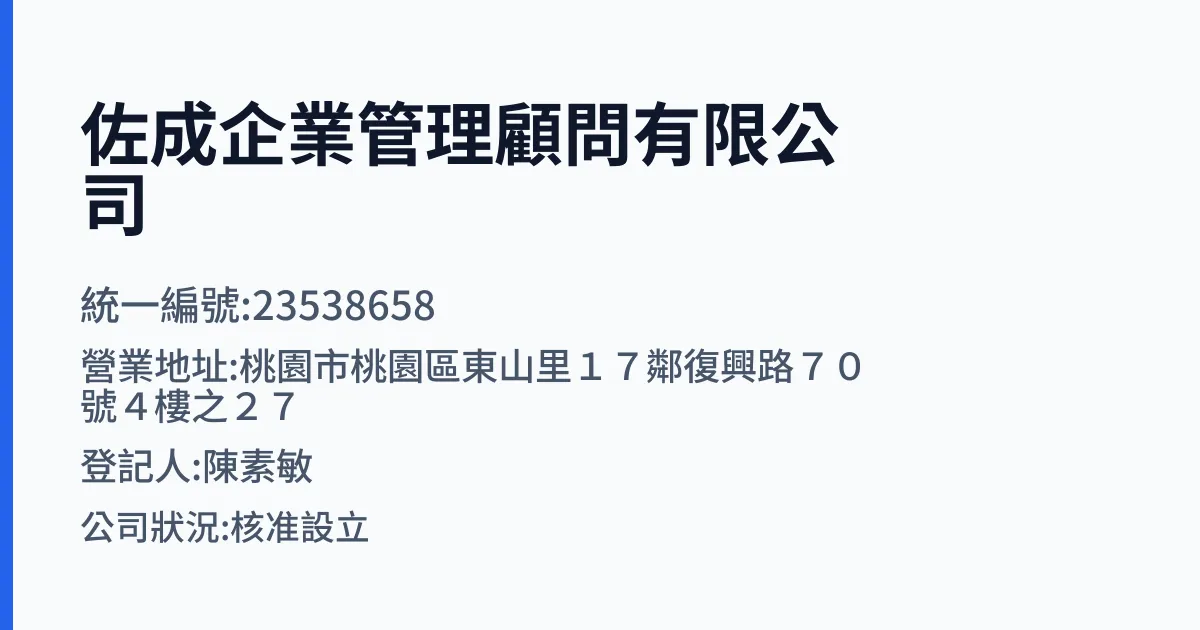 佐成企業管理顧問有限公司 - 統編 23538658(桃園市) 公司登記資料與營業項目詳細圖表
