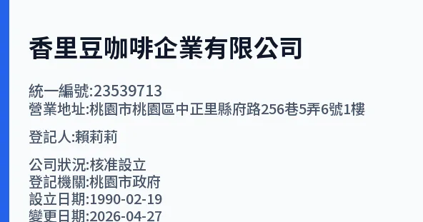 香里豆咖啡企業有限公司的照片-統編 23539713(桃園市) 公司登記資料與營業項目詳細圖表