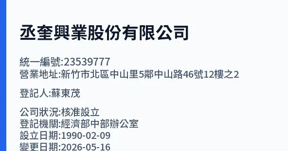 丞奎興業股份有限公司的照片-統編 23539777(新竹市) 公司登記資料與營業項目詳細圖表