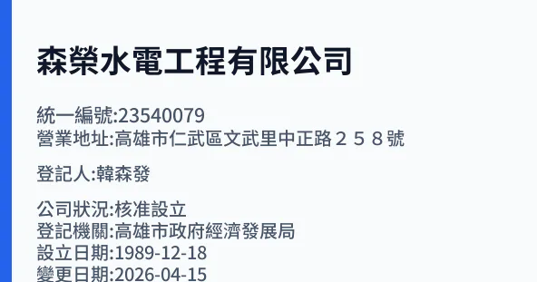 森榮水電工程有限公司的照片-統編 23540079(高雄市) 公司登記資料與營業項目詳細圖表