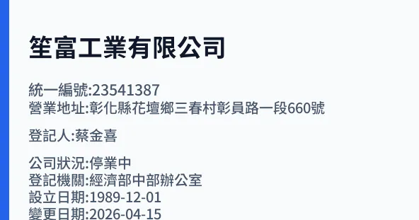 笙富工業有限公司的照片-統編 23541387(彰化縣) 公司登記資料與營業項目詳細圖表