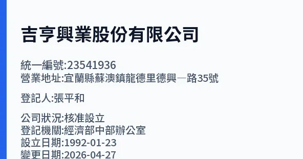 吉亨興業股份有限公司的照片-統編 23541936(宜蘭縣) 公司登記資料與營業項目詳細圖表