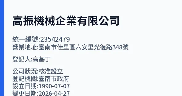 高振機械企業有限公司的照片-統編 23542479(臺南市) 公司登記資料與營業項目詳細圖表