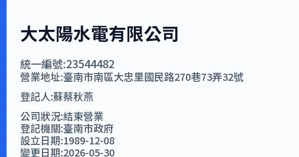 大太陽水電有限公司的照片-統編 23544482(臺南市) 公司登記資料與營業項目詳細圖表
