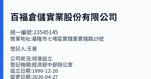 百福倉儲實業股份有限公司的照片-統編 23545145(基隆市) 公司登記資料與營業項目詳細圖表
