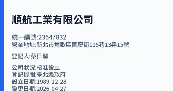 順航工業有限公司的照片-統編 23547832(新北市) 公司登記資料與營業項目詳細圖表