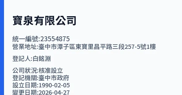 寶泉有限公司的照片-統編 23554875(臺中市) 公司登記資料與營業項目詳細圖表