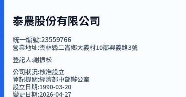 泰農股份有限公司的照片-統編 23559766(雲林縣) 公司登記資料與營業項目詳細圖表
