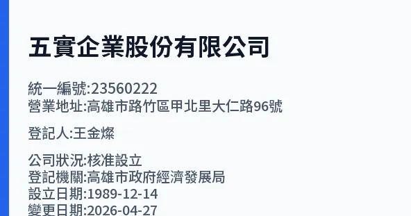 五實企業股份有限公司的照片-統編 23560222(高雄市) 公司登記資料與營業項目詳細圖表