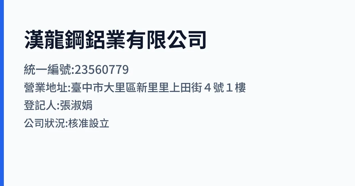 漢龍鋼鋁業有限公司 - 統編 23560779(臺中市) 公司登記資料與營業項目詳細圖表