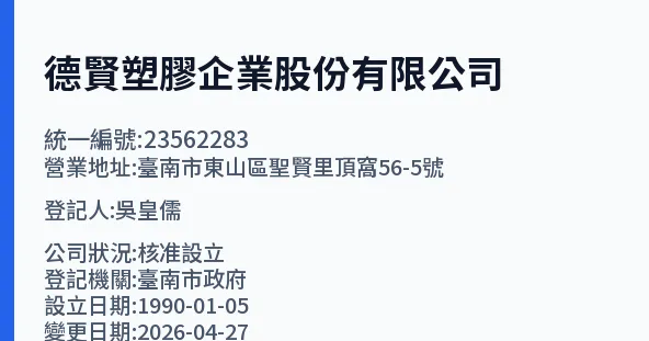 德賢塑膠企業股份有限公司的照片-統編 23562283(臺南市) 公司登記資料與營業項目詳細圖表
