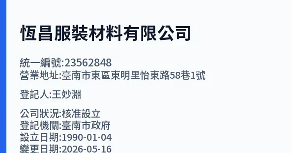 恆昌服裝材料有限公司的照片-統編 23562848(臺南市) 公司登記資料與營業項目詳細圖表