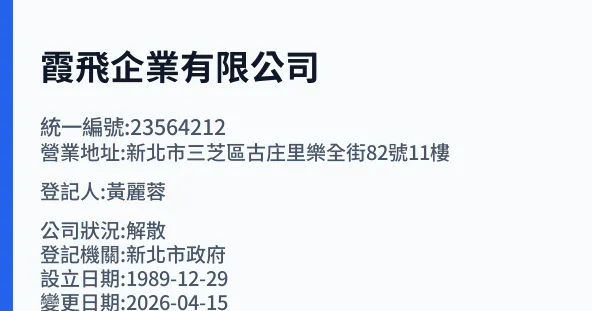 霞飛企業有限公司的照片-統編 23564212(新北市) 公司登記資料與營業項目詳細圖表