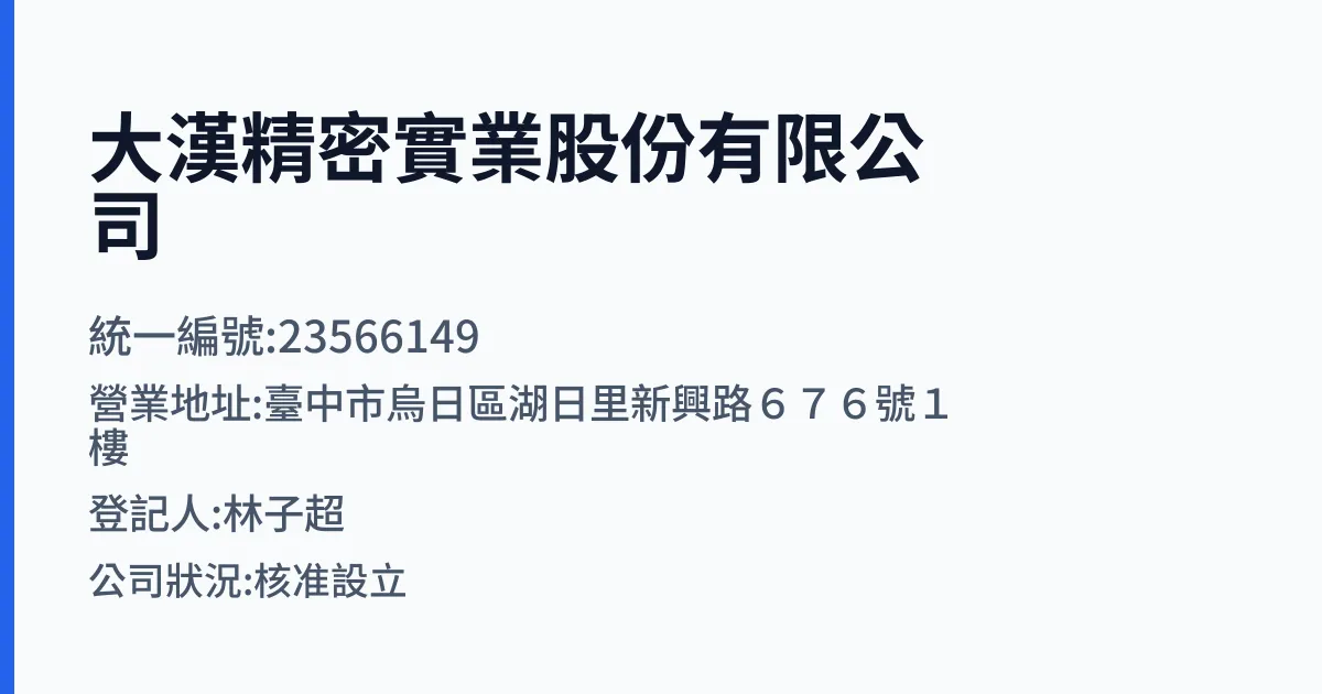 大漢精密實業股份有限公司 - 統編 23566149(臺中市) 公司登記資料與營業項目詳細圖表