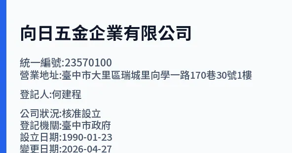 向日五金企業有限公司的照片-統編 23570100(臺中市) 公司登記資料與營業項目詳細圖表