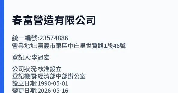 春富營造有限公司的照片-統編 23574886(嘉義市) 公司登記資料與營業項目詳細圖表