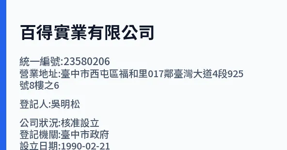 百得實業有限公司的照片-統編 23580206(臺中市) 公司登記資料與營業項目詳細圖表
