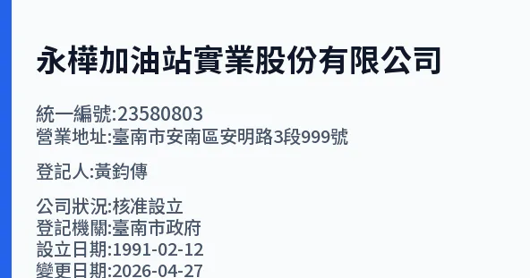 永樺加油站實業股份有限公司的照片-統編 23580803(臺南市) 公司登記資料與營業項目詳細圖表
