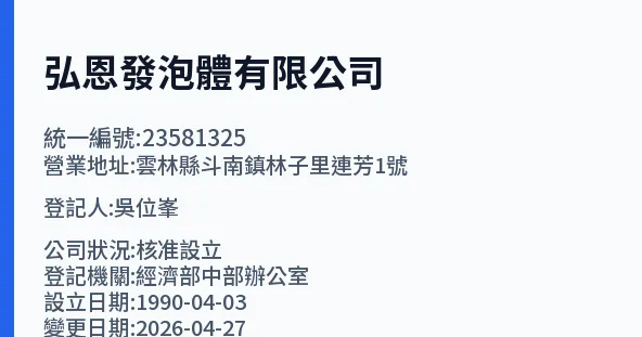 弘恩發泡體有限公司的照片-統編 23581325(雲林縣) 公司登記資料與營業項目詳細圖表