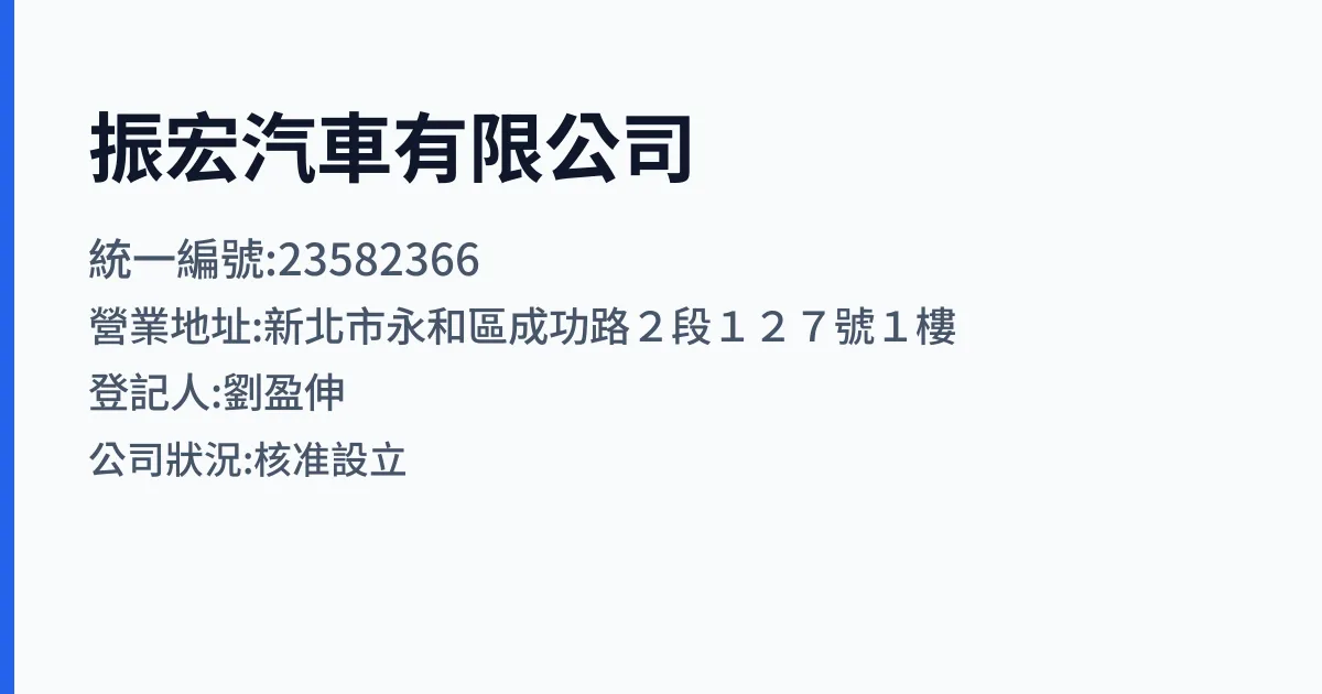 振宏汽車有限公司 - 統編 23582366(新北市) 公司登記資料與營業項目詳細圖表