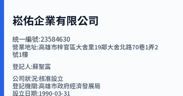 崧佑企業有限公司的照片-統編 23584630(高雄市) 公司登記資料與營業項目詳細圖表