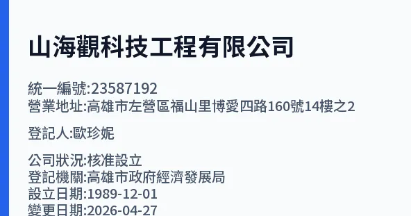 山海觀科技工程有限公司的照片-統編 23587192(高雄市) 公司登記資料與營業項目詳細圖表