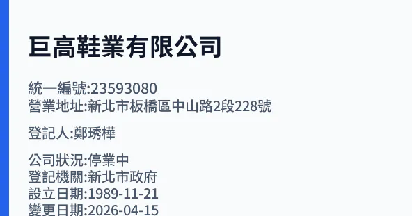 巨高鞋業有限公司的照片-統編 23593080(新北市) 公司登記資料與營業項目詳細圖表