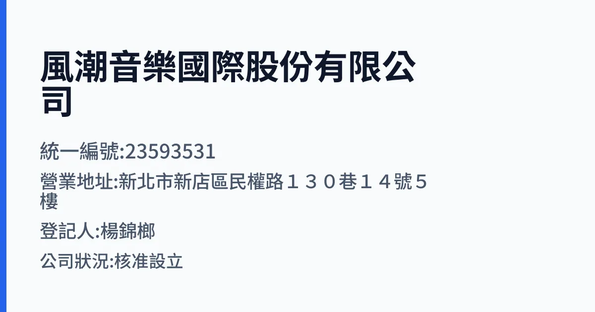 風潮音樂國際股份有限公司 - 統編 23593531(新北市) 公司登記資料與營業項目詳細圖表