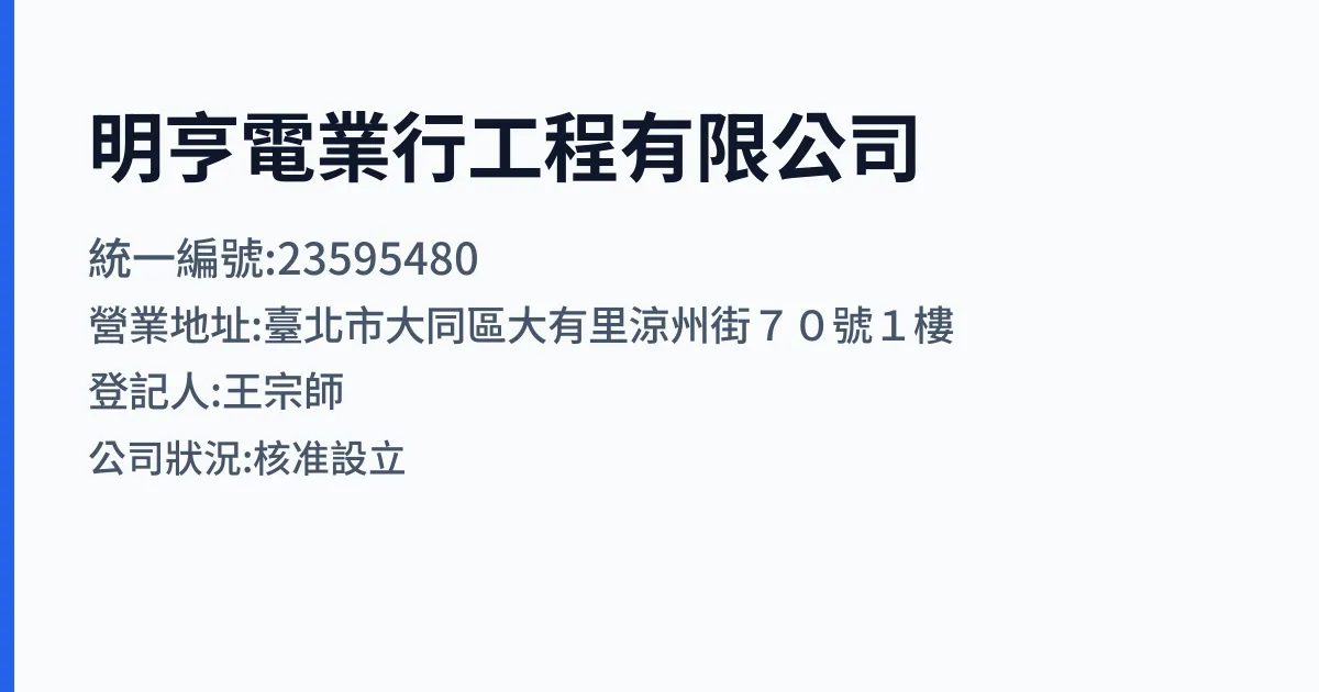 明亨電業行工程有限公司 - 統編 23595480(臺北市) 公司登記資料與營業項目詳細圖表