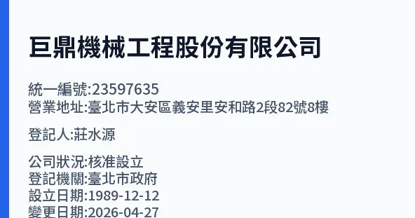 巨鼎機械工程股份有限公司的照片-統編 23597635(臺北市) 公司登記資料與營業項目詳細圖表