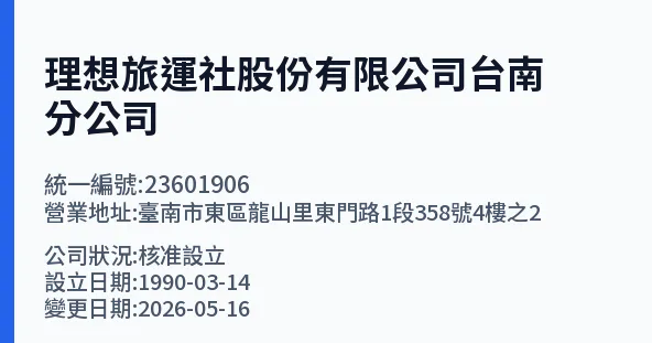 理想旅運社股份有限公司台南分公司的照片-統編 23601906(臺南市) 公司登記資料與營業項目詳細圖表