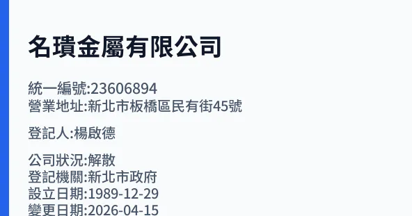 名璝金屬有限公司的照片-統編 23606894(新北市) 公司登記資料與營業項目詳細圖表
