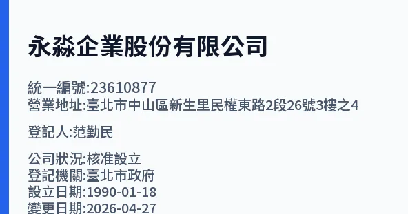 永淼企業股份有限公司的照片-統編 23610877(臺北市) 公司登記資料與營業項目詳細圖表