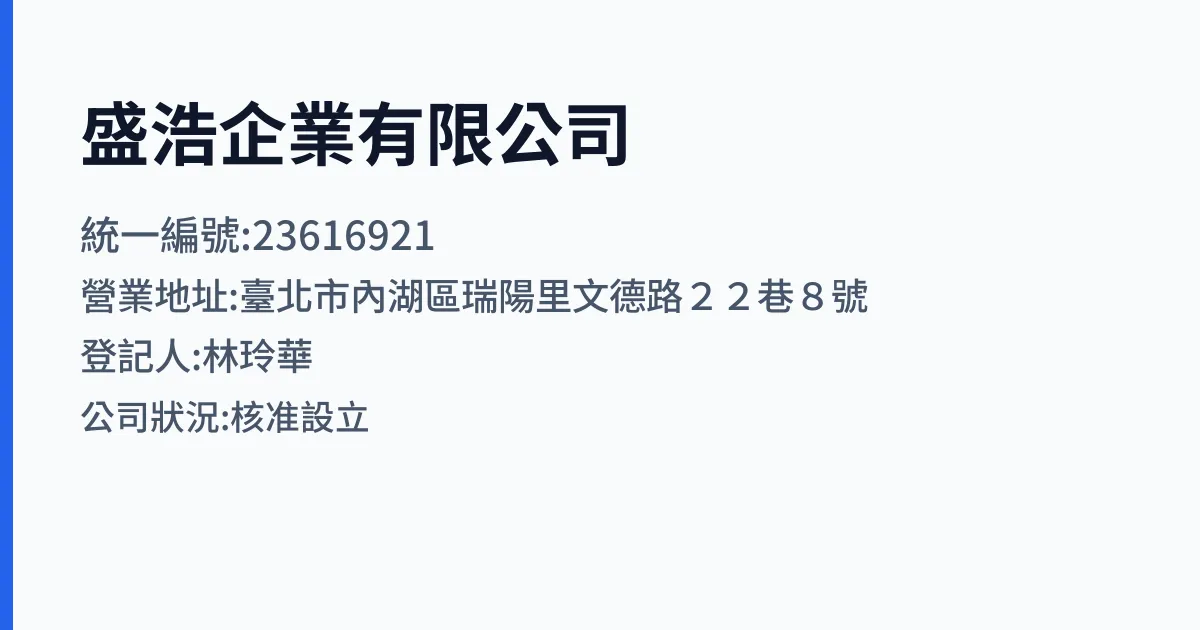 盛浩企業有限公司 - 統編 23616921(臺北市) 公司登記資料與營業項目詳細圖表