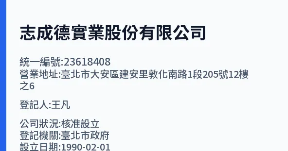 志成德實業股份有限公司的照片-統編 23618408(臺北市) 公司登記資料與營業項目詳細圖表