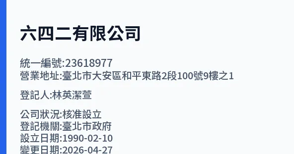 六四二有限公司的照片-統編 23618977(臺北市) 公司登記資料與營業項目詳細圖表